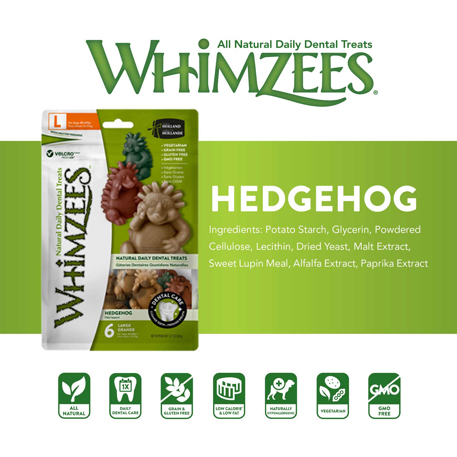 Whimzees Dental Hedgehog Large Treats For Dogs 18-27kg 6 Pack 360g - $28.94