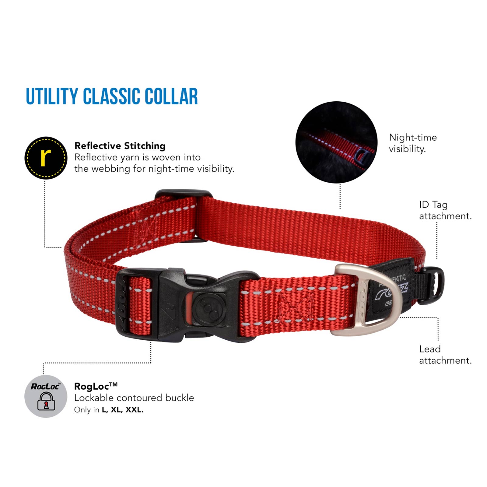 Rogz Utility Reflective Collar Red Medium For Dogs 26-40cm x 16mm - $14.69