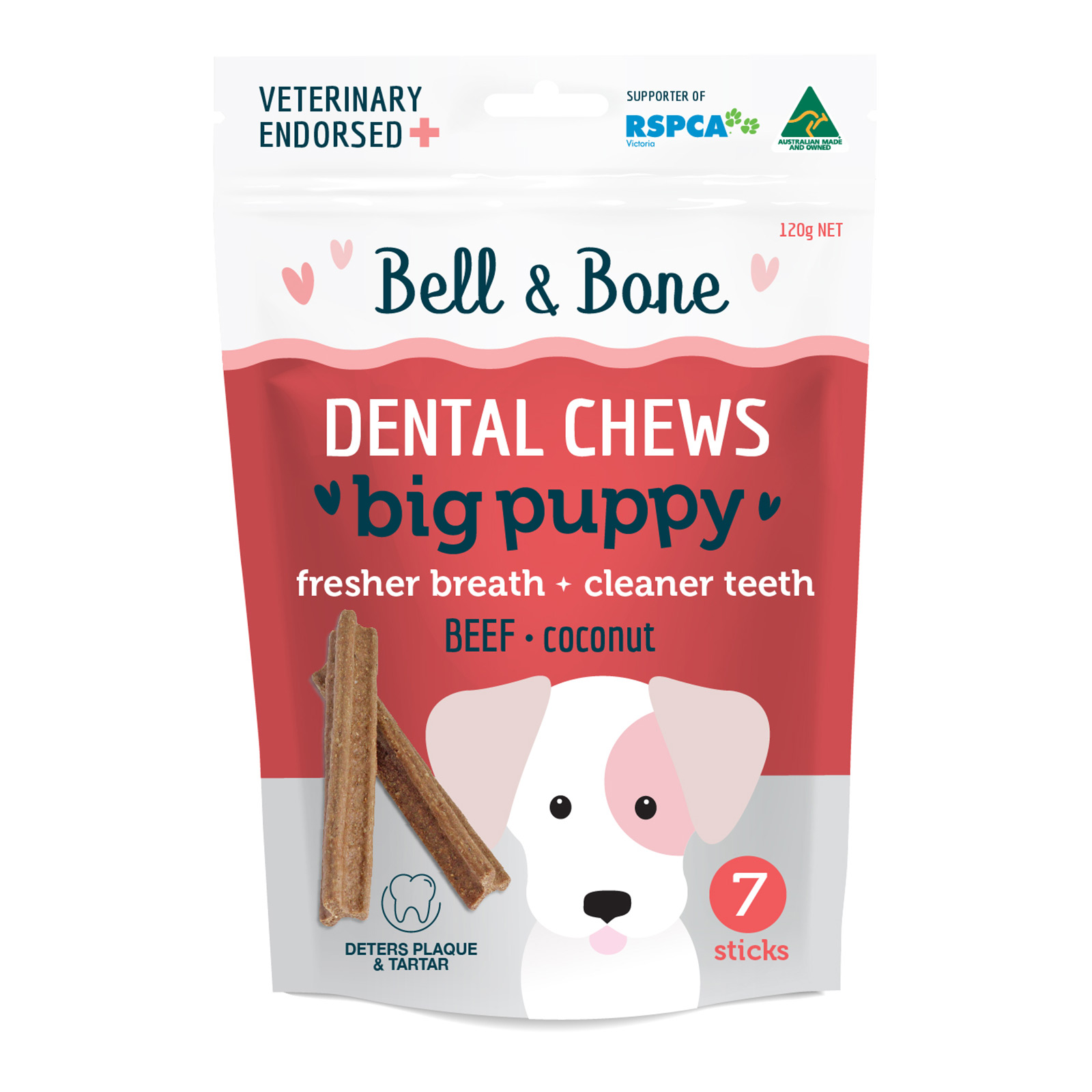 Bell And Bone Dental Chews Beef and Coconut for Big Puppies 7 Pack 120g ...